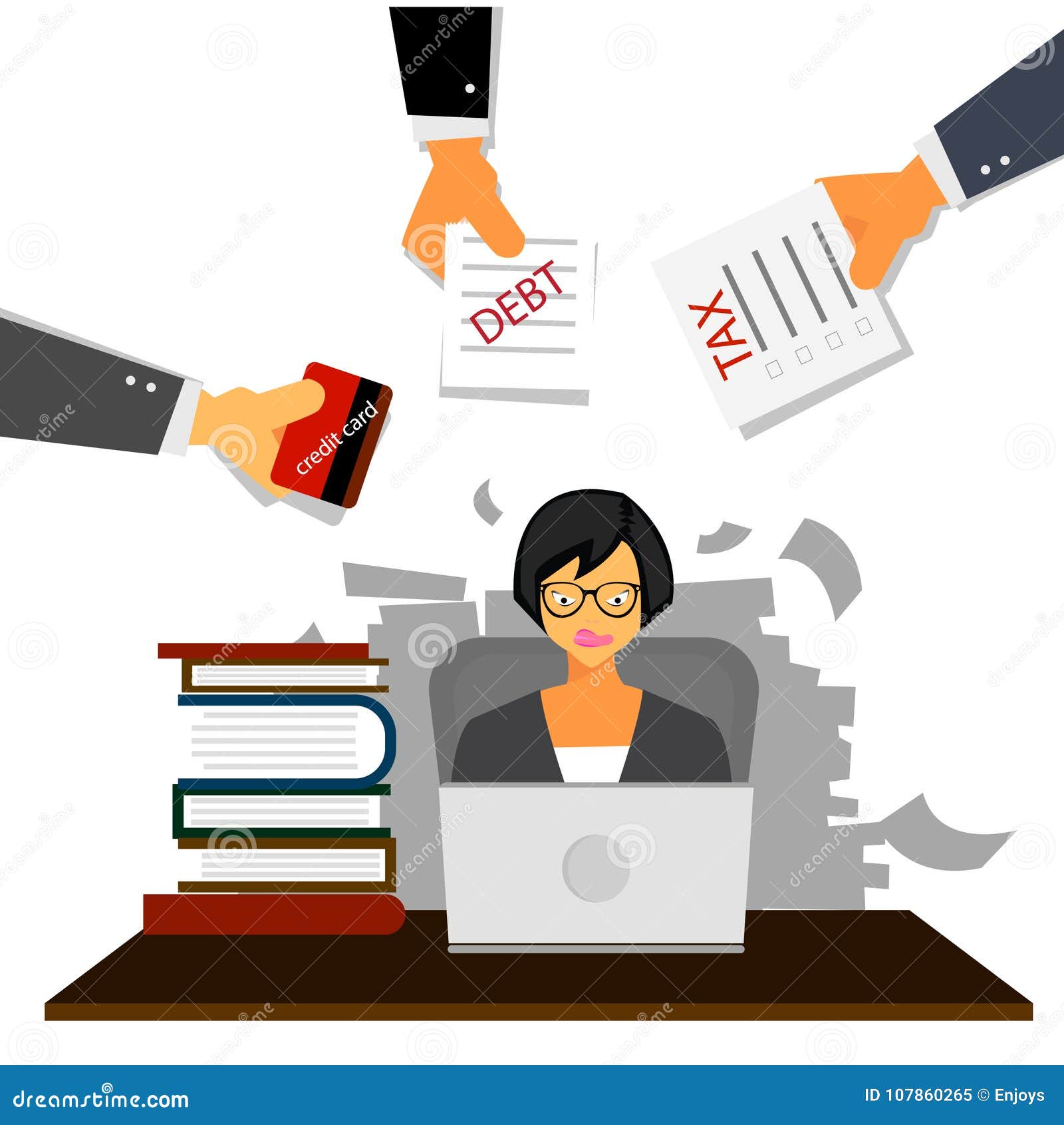 Very Busy Business Woman Working Her Desk In Office With A Lot Of Paper