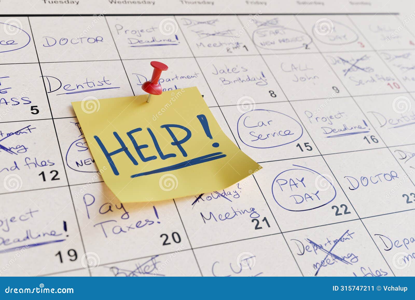 Very Busy Calendar with Many Notes and Sticky Note with Help. 3D ...