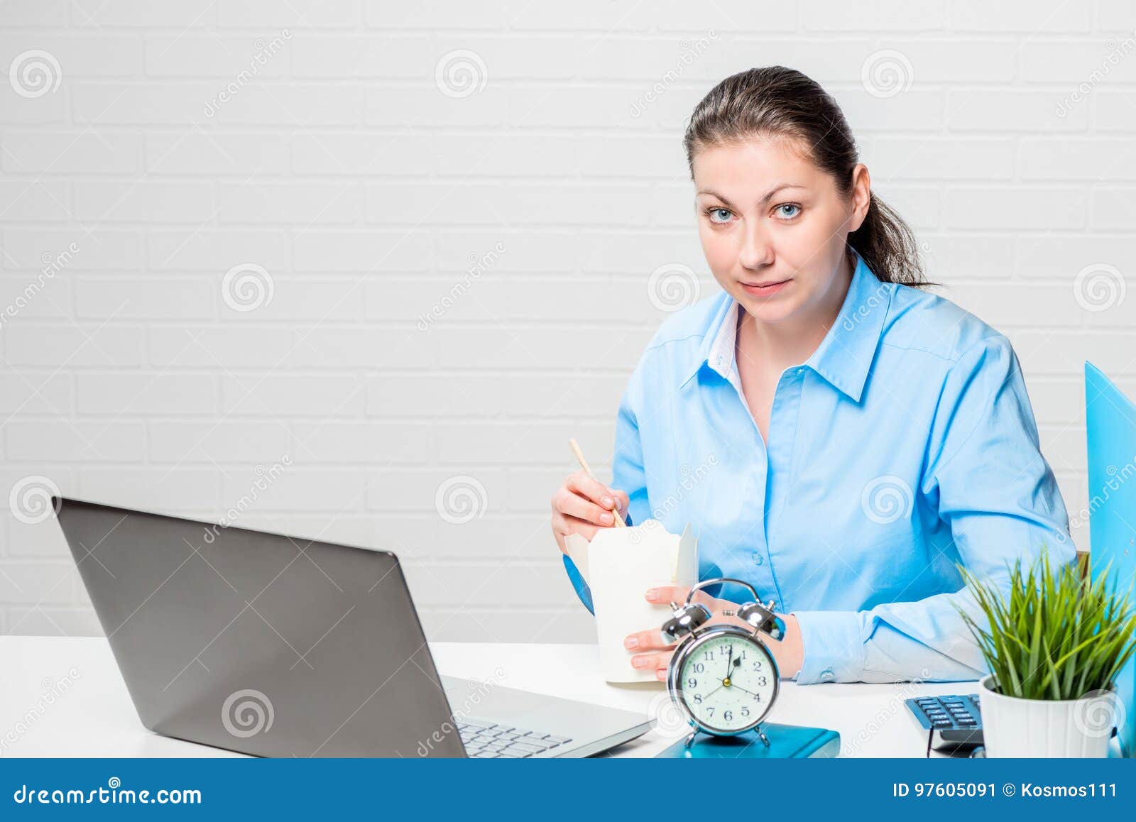 Very Busy Worker Eats Noodles at the Table Working Stock Image - Image ...