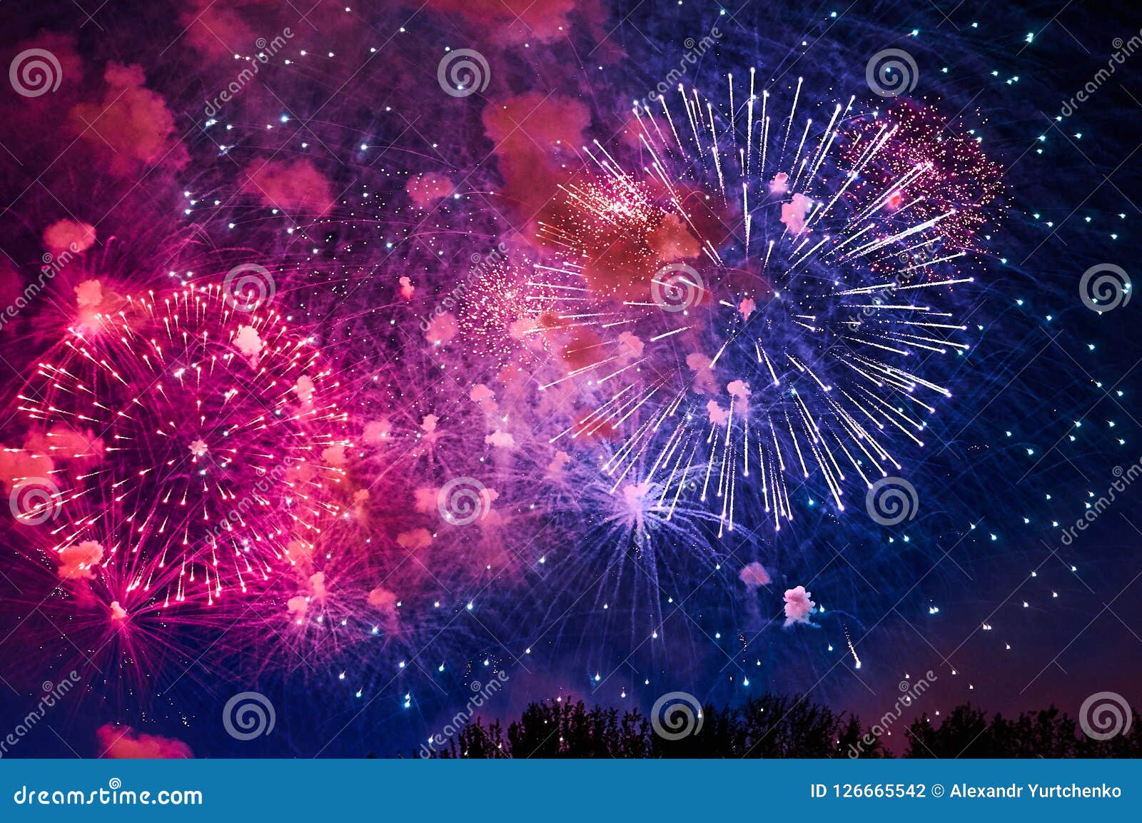 Very Cheap Firework Over the City, Red and Blue Stock Photo - Image of ...
