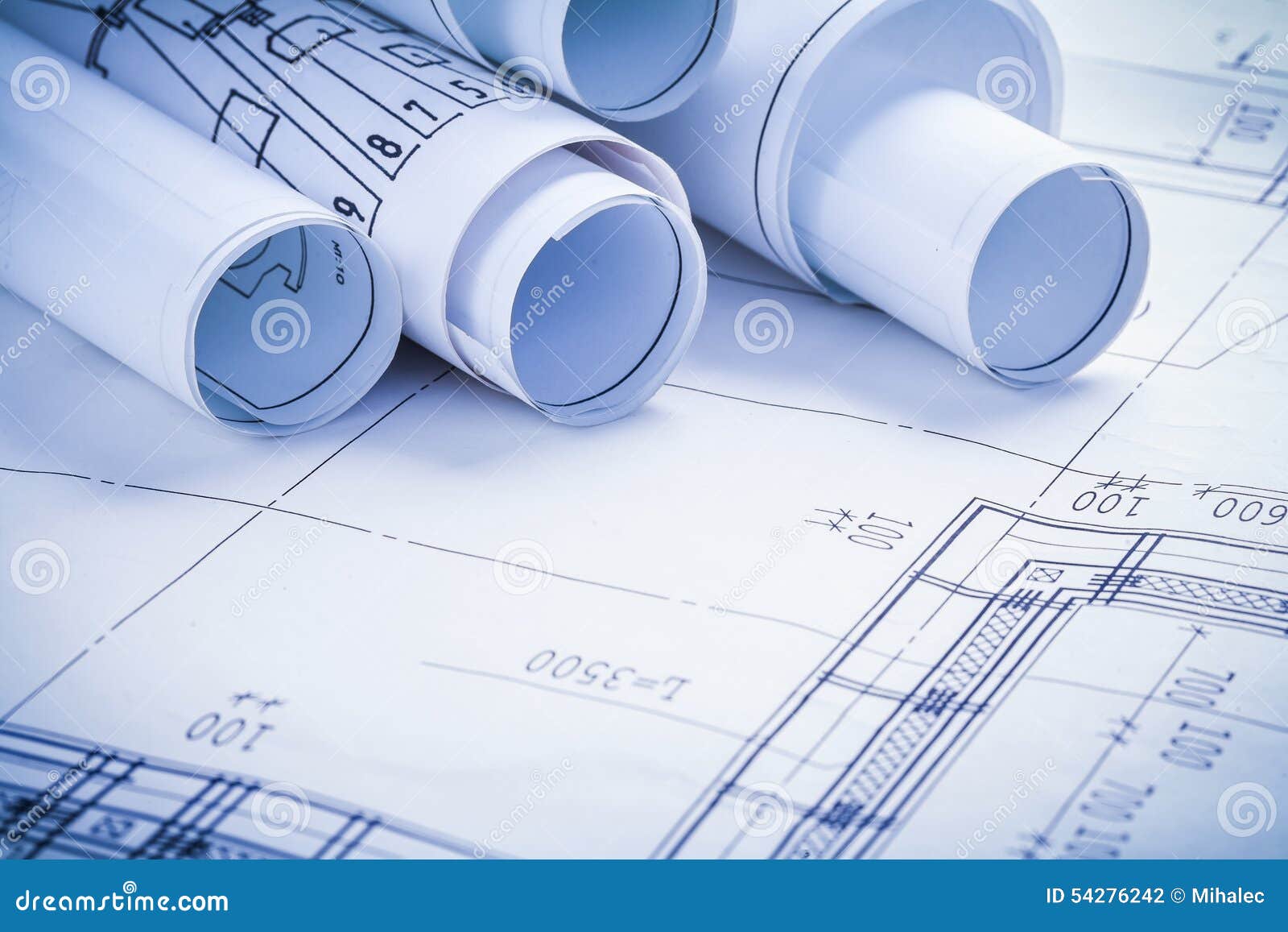 Very Close Up View on Rolled Blueprints Stock Photo - Image of close ...