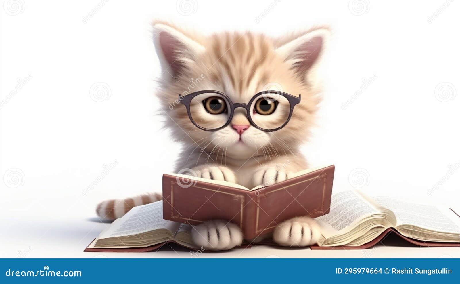 Very Cute Kitty with Glasses Reading Book Stock Illustration ...