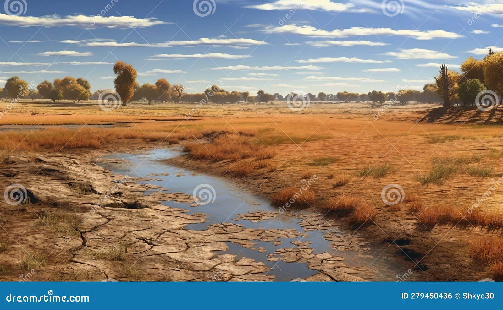 Very Dry Fields in a Drought Landscape with almost Empty River with a ...