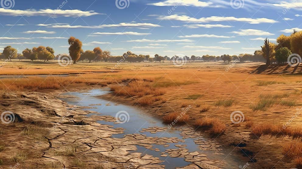 Very Dry Fields in a Drought Landscape with almost Empty River with a ...