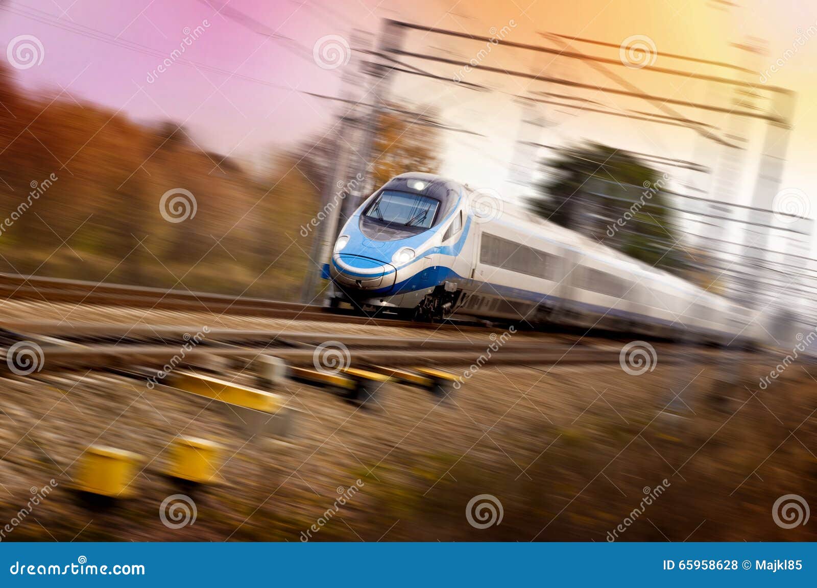Very Fast Train on Railway - Motion Blur, Sunset Stock Photo - Image of ...