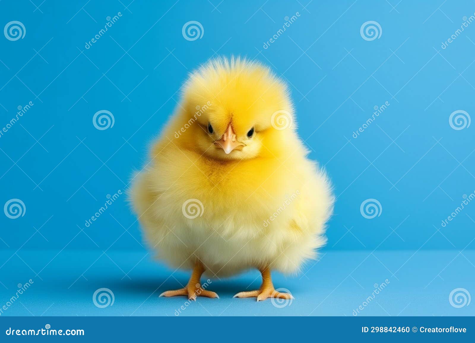 Very Fluffy Yellow Chicken on Bright Blue Background Stock Photo ...