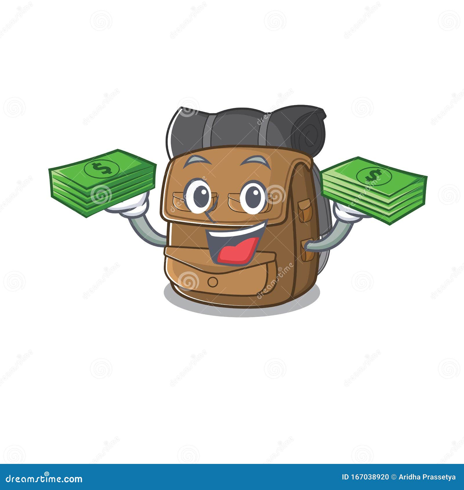 Very Happy Hiking Backpack Scroll Character with Money on Hands Stock ...