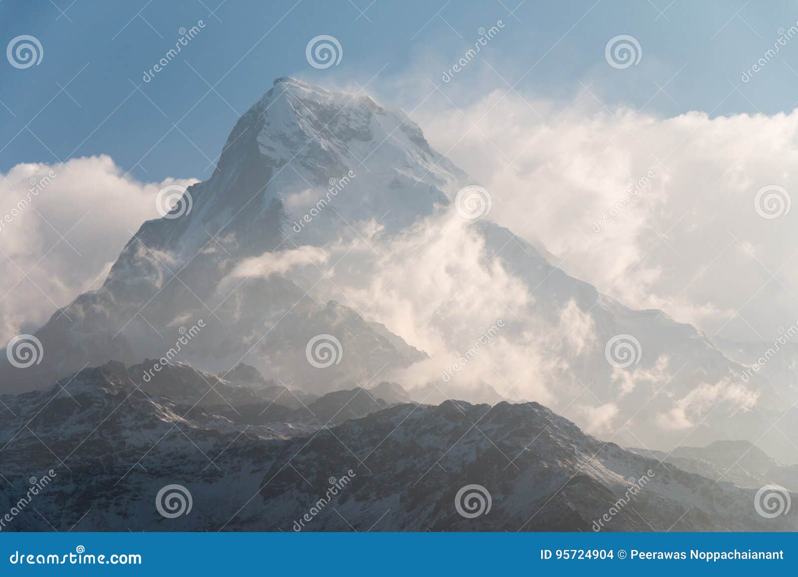 Very High Snow Mountain Peak Over the Clouds Level Stock Photo - Image ...