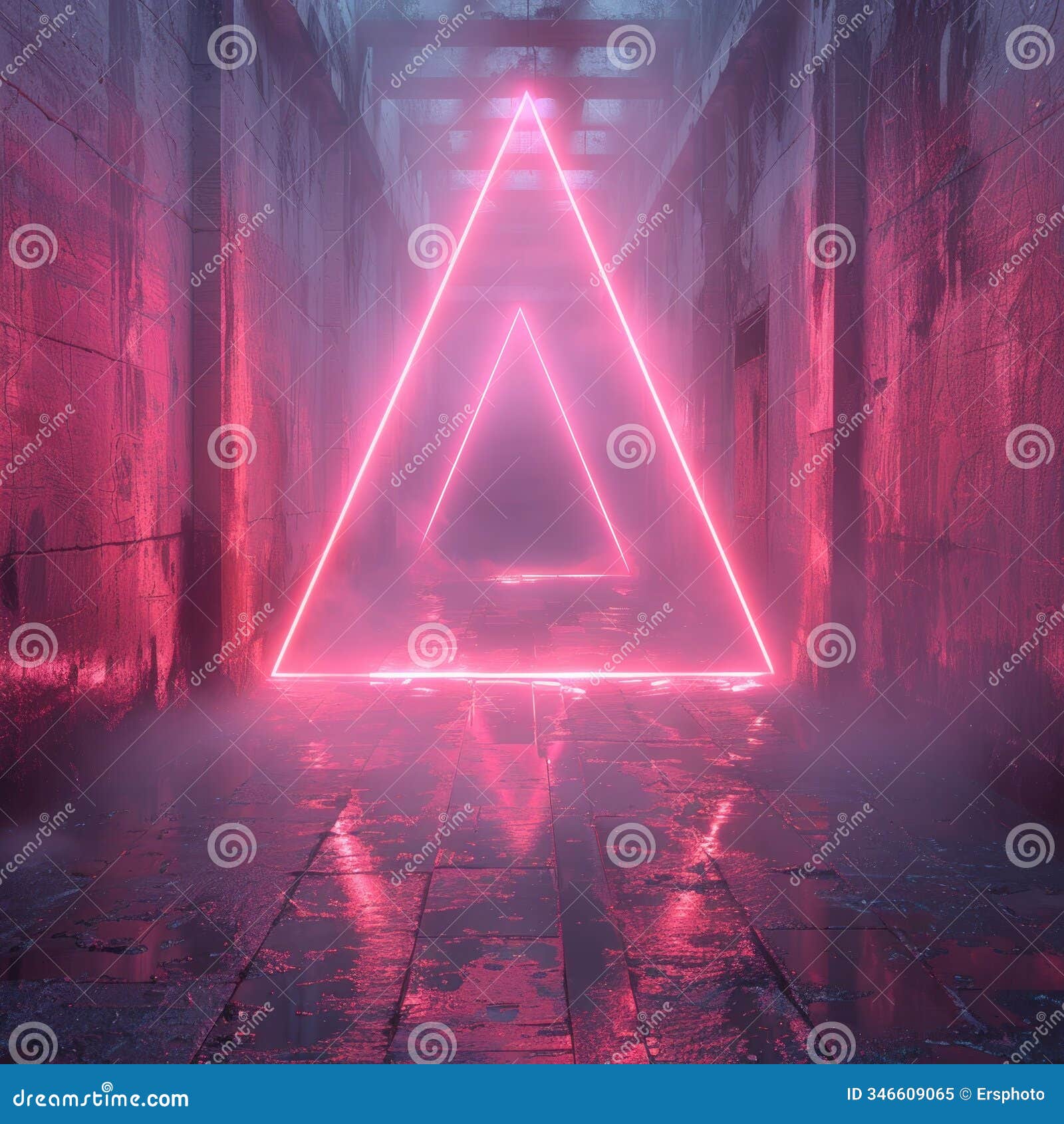 Triangles of Bright, Smoky Neon Lights Illuminate the Room, Creating an ...