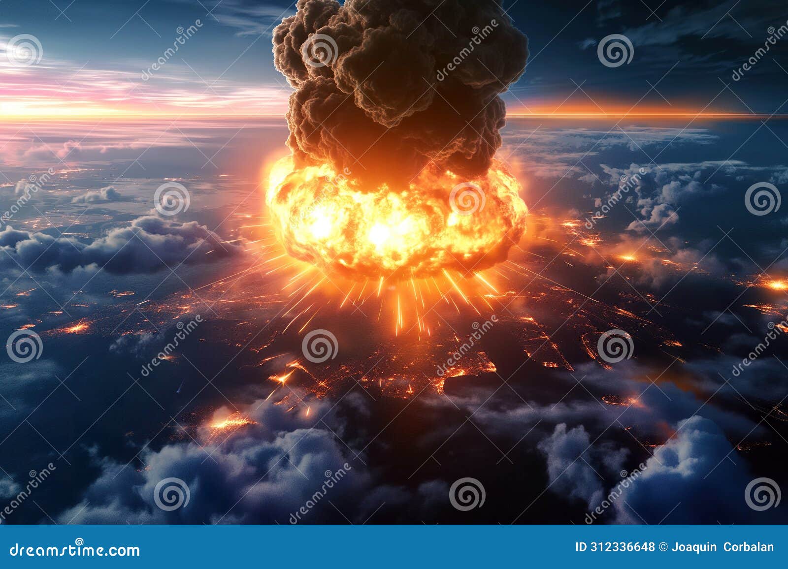 A Very Large Explosion Occurring in the Sky Above a Layer of Clouds ...