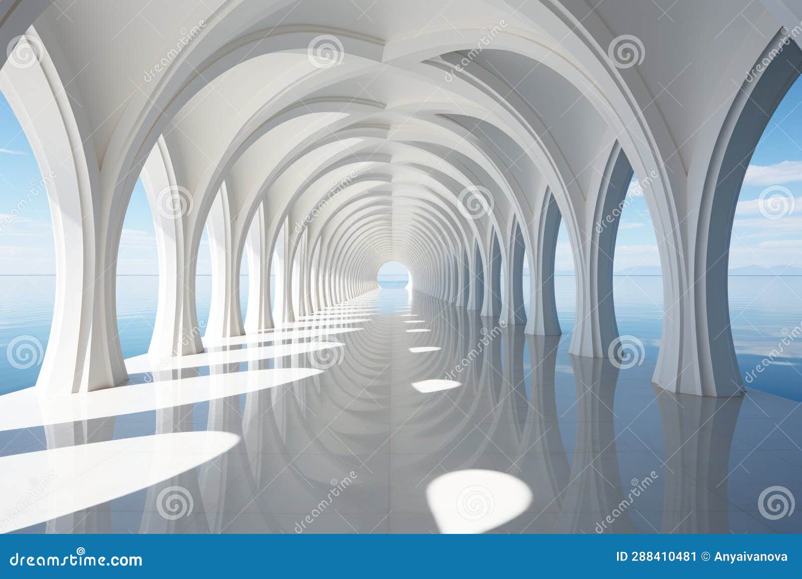 A Very Long Hallway with Arches Leading To the Ocean. Stock ...