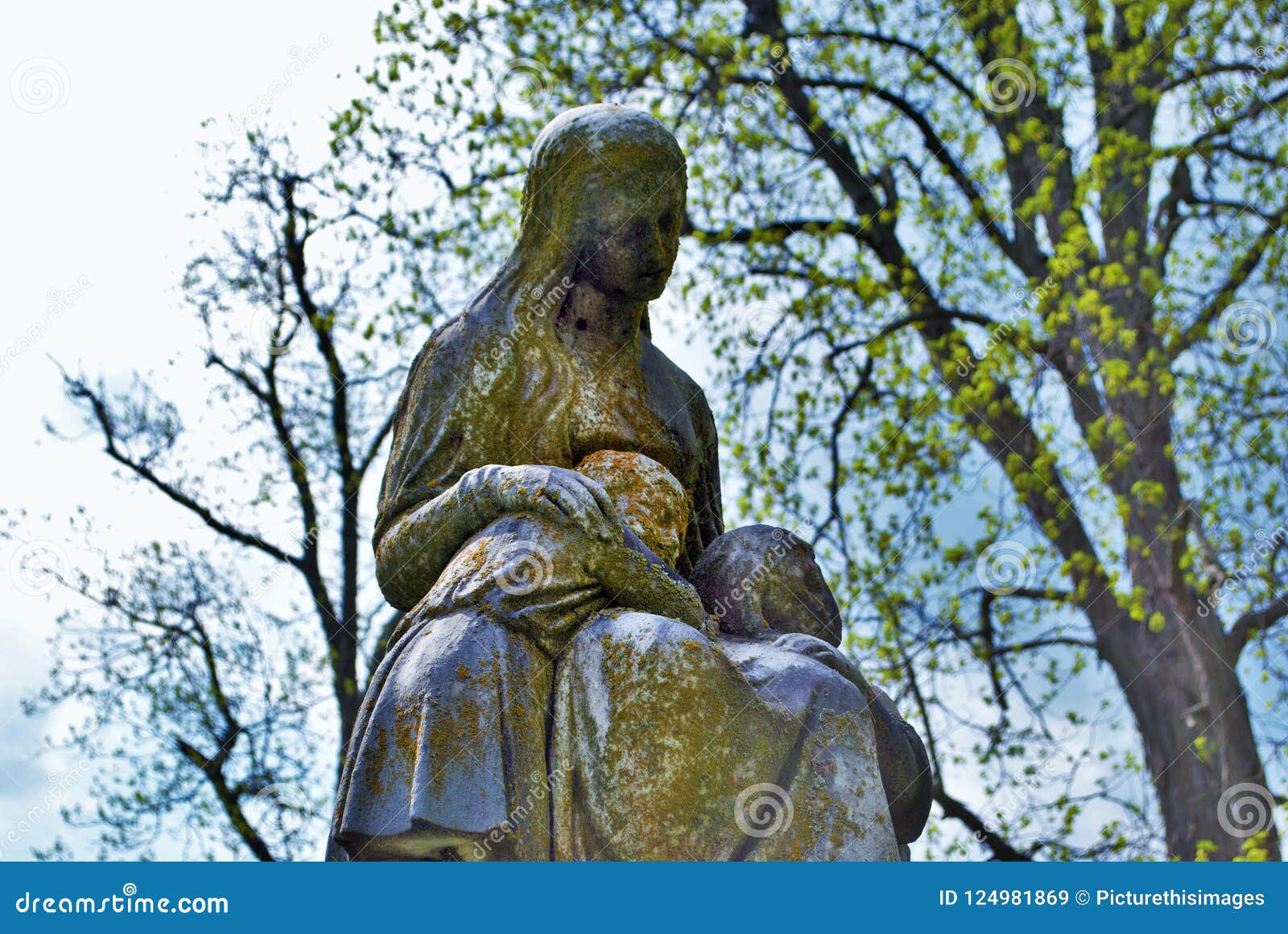 Very Old Mold Covered Broken Statue / Headstone In A Cemetery Stock ...