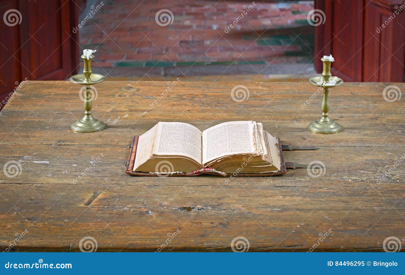 Very Old Open Bible on Table in Medieval Church Stock Image - Image of ...