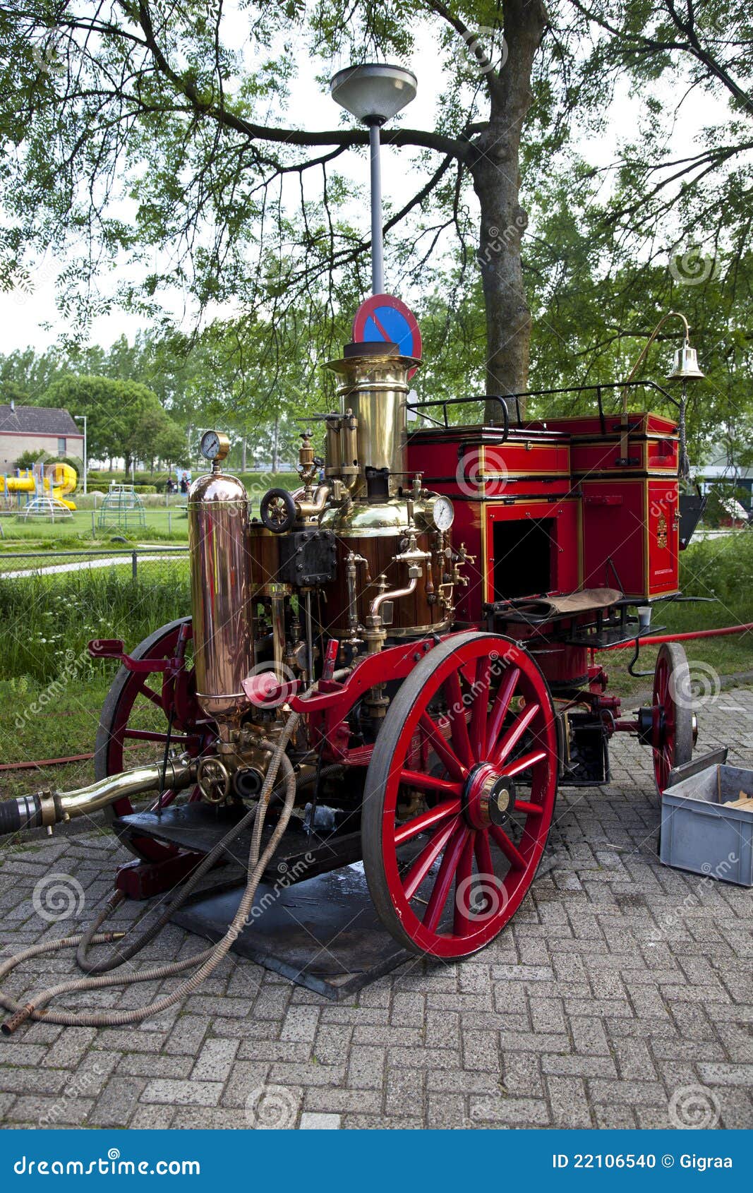 Very Old Red Fire Engine on Street Stock Photo - Image of department ...