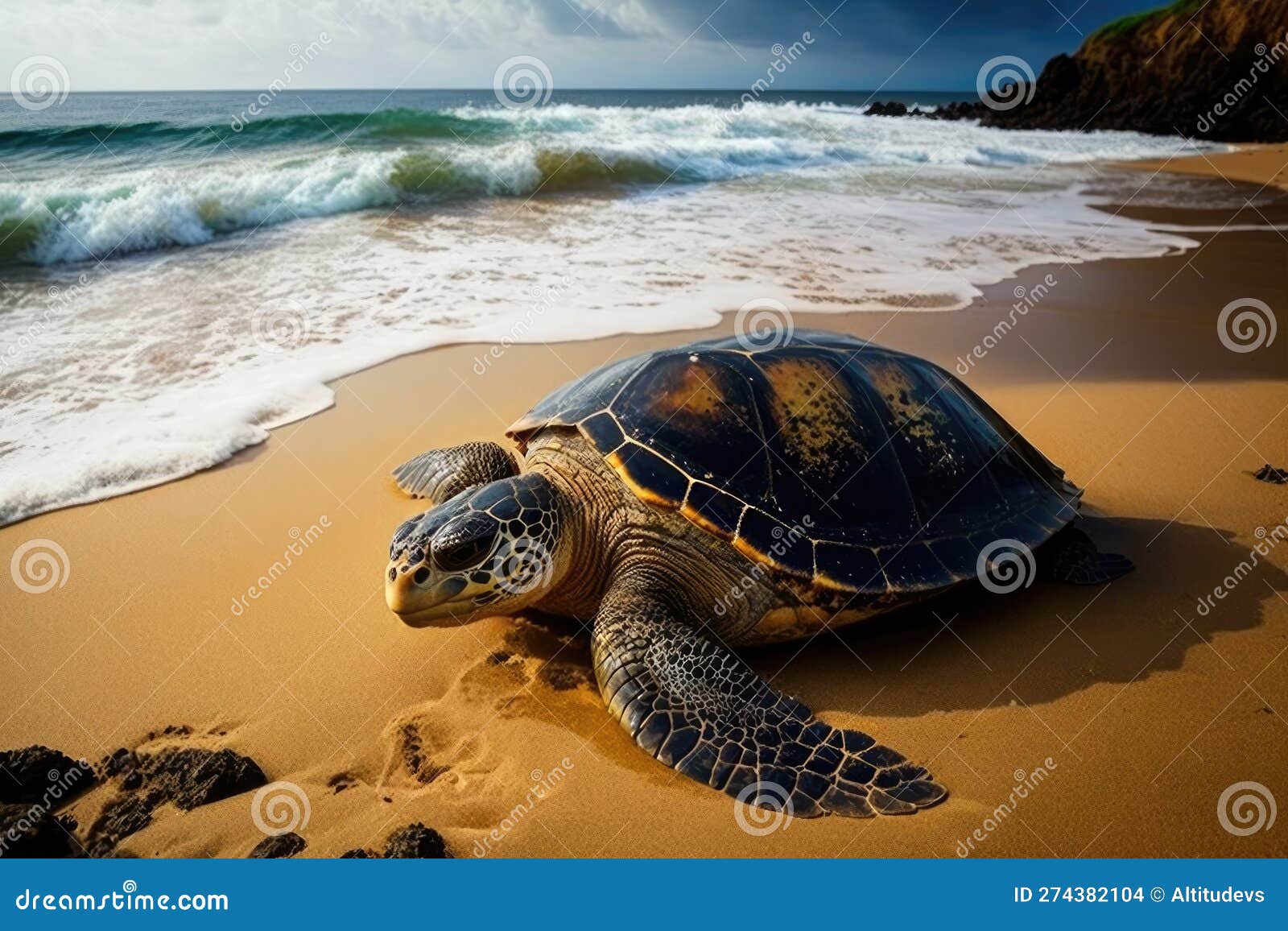 Very Old Turtle, Basking in the Sun on the Beach, with View of Rolling ...