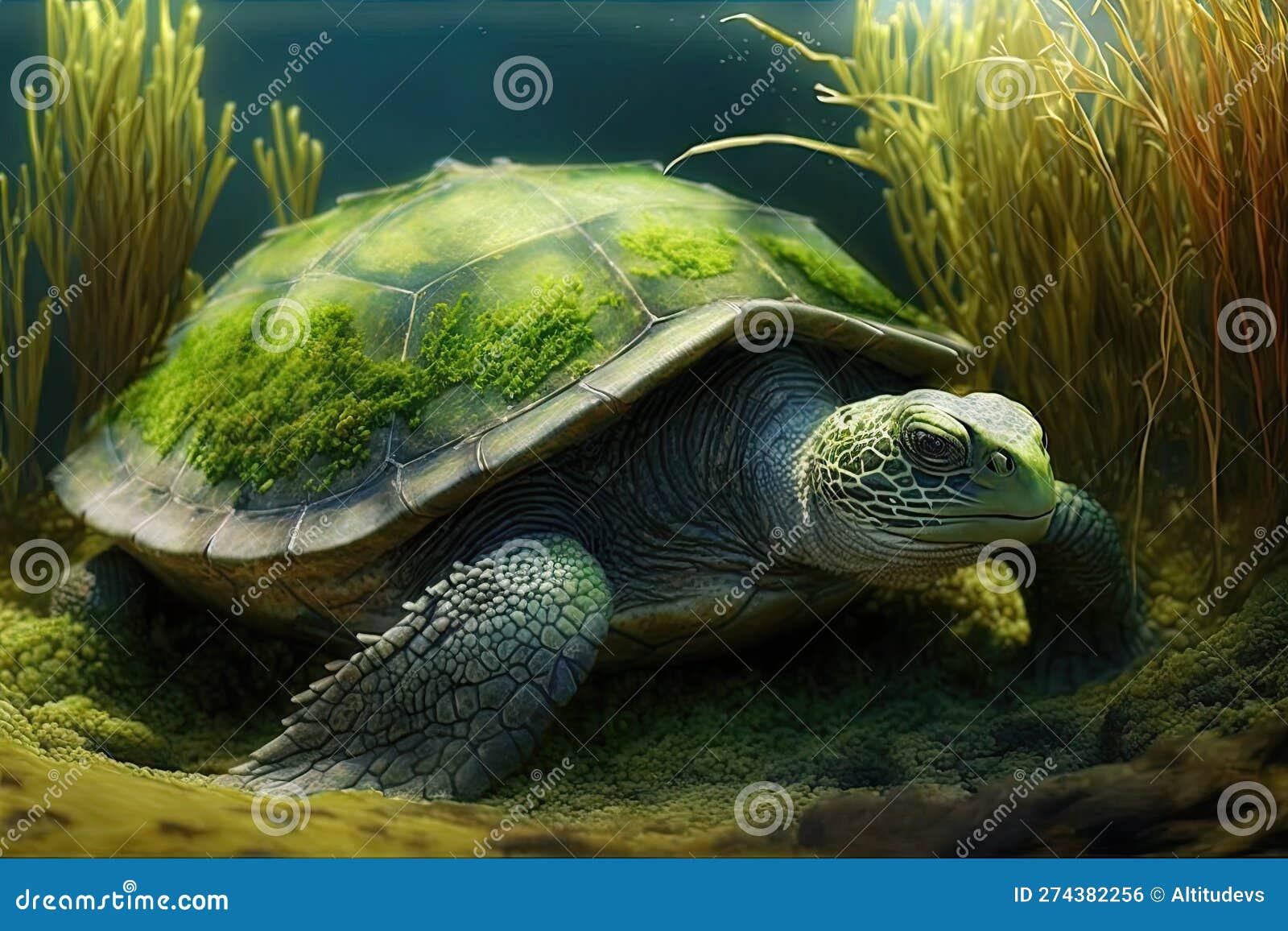 Very Old Turtle Basking in the Sun, Its Shell Covered in Algae Stock ...