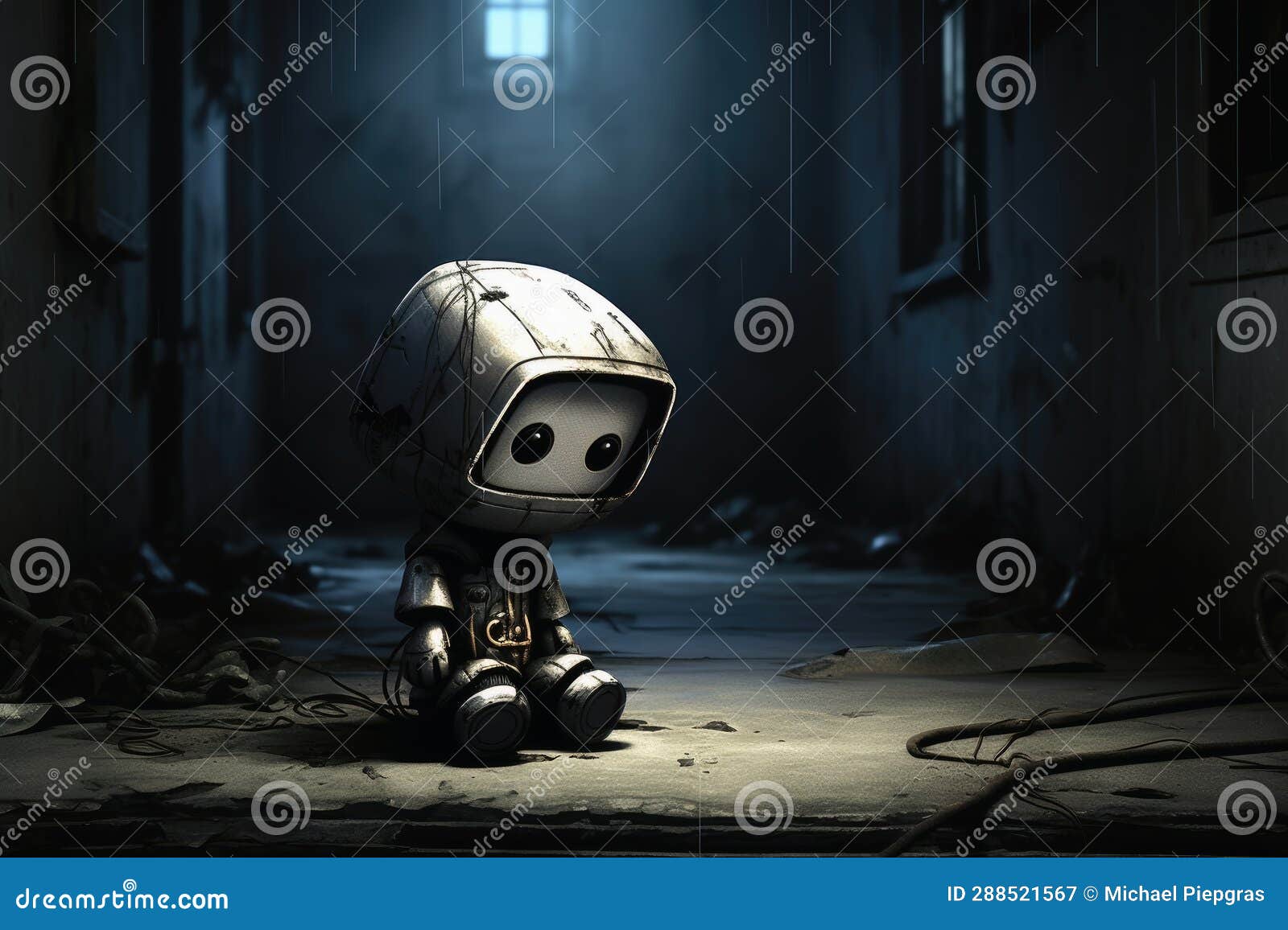 A Very Sad Ai Robot Sitting Alone in a Small Room Stock Illustration ...