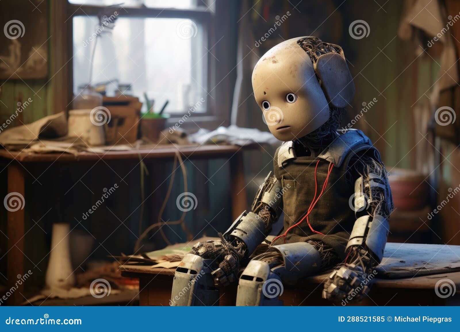 A Very Sad Ai Robot Sitting Alone in a Small Room Stock Illustration ...
