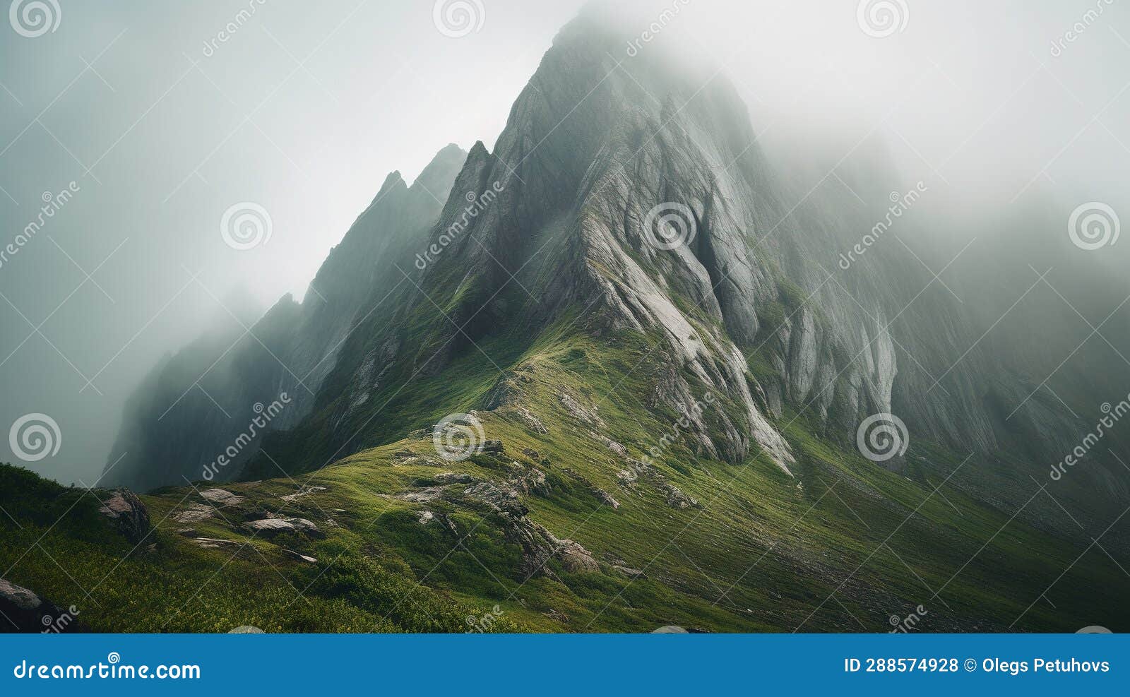 A Very Tall Mountain Covered in Fog and Mist with Grass Stock Photo ...