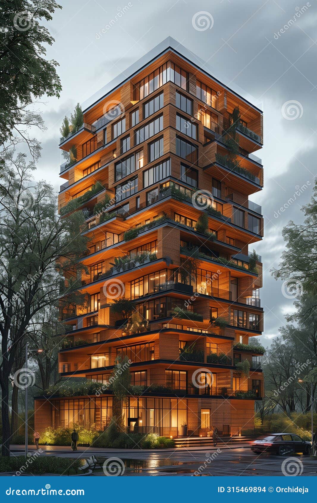 A Very Tall Wooden Building with Numerous Windows, Creating a Striking ...