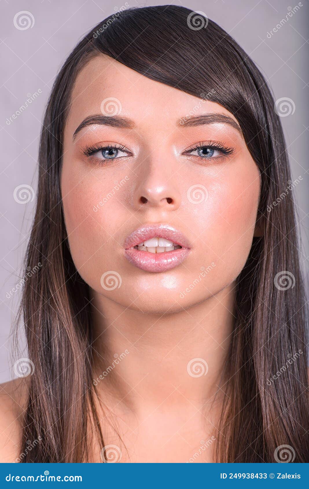 Very Tight Close Up Of Beautiful Caucasian Woman With Cat Blue Eyes