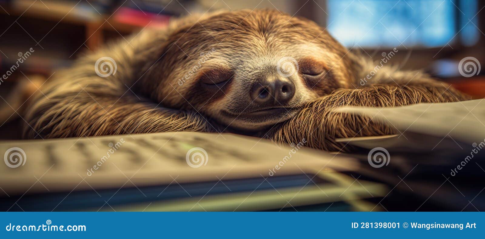 Very Tired Sloth Sleeps On The Files In The Office Stock Photography ...