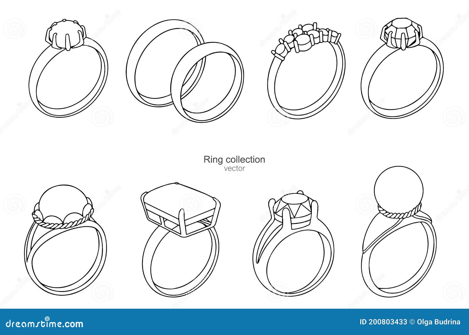 Verzameling Van Ringen Met Edelstenen Contourtekening Vector Stock ...