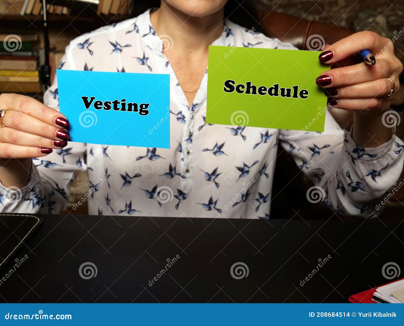 Vesting Schedule Phrase on Green and Blue Business Cards Stock Photo ...