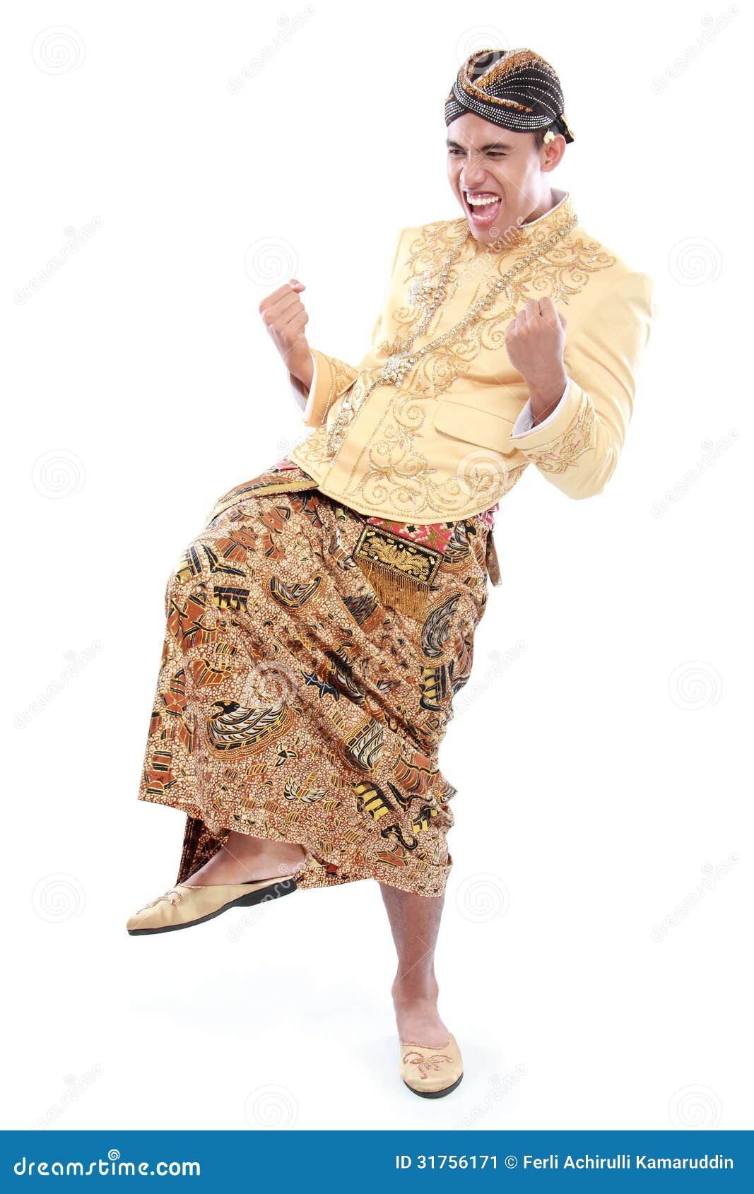 Vestir Entusiasmado Do Homem Tradicional De Java Que Comemora O Sucesso ...