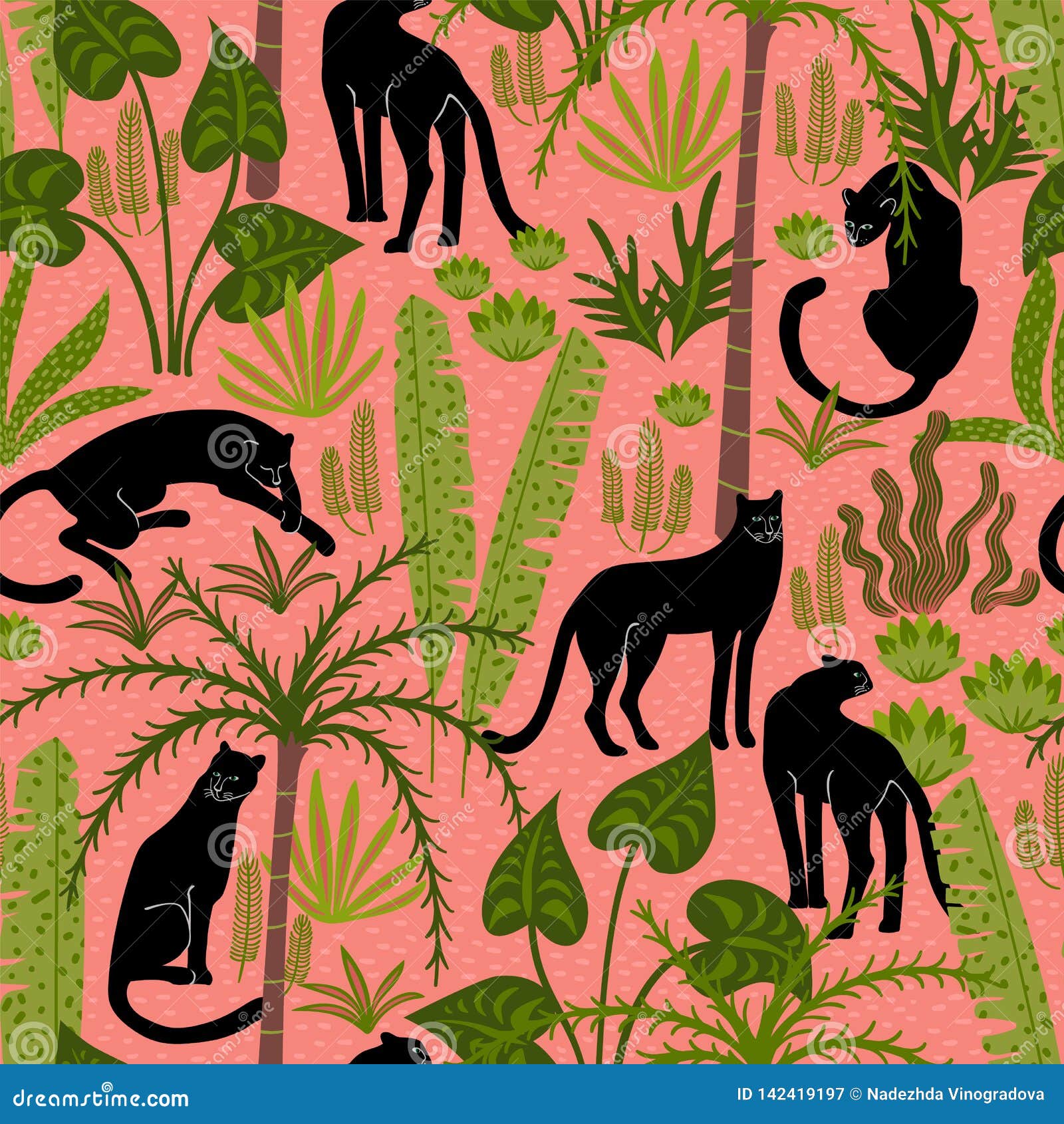 Vestor Seamless Pattern with Panthers and Tropical Leaves. Stock Vector ...