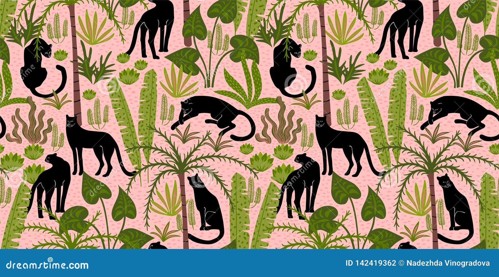 Vestor Seamless Pattern with Panthers and Tropical Leaves. Stock Vector ...
