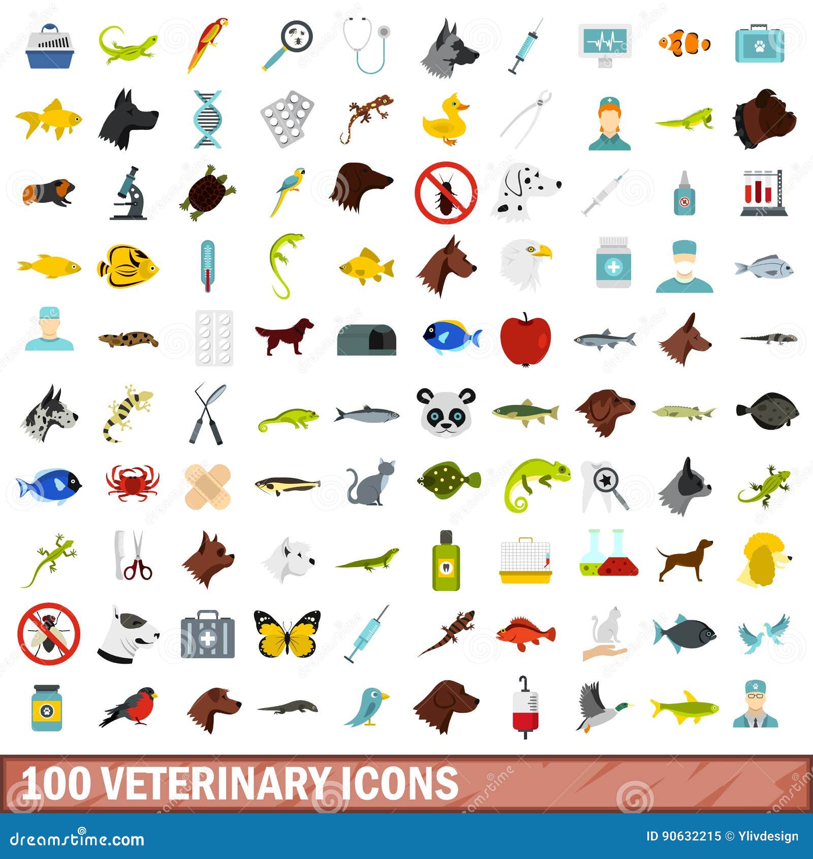 100 Veterinary Icons Set, Flat Style Stock Vector - Illustration of ...