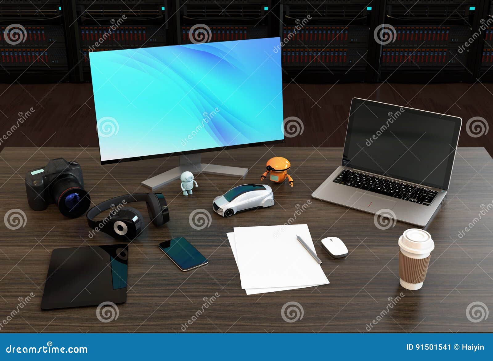 VFX Editing Desktop with Rendering Servers at the Background Stock ...