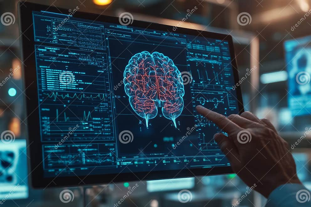 VFX Hologram Data Patient Brain Record on Touch Screen. Stock ...