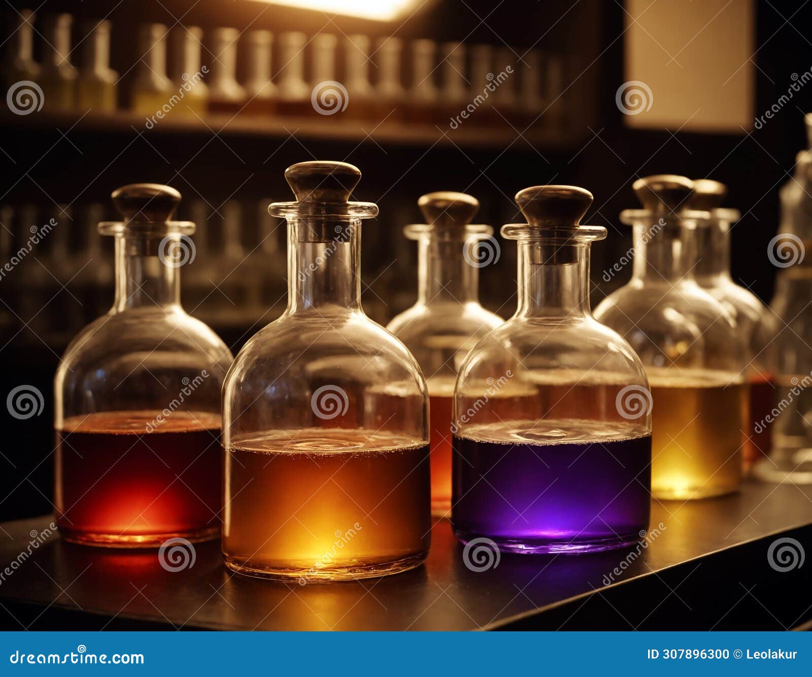 Vials and Bottles with Colorful Magic Potion in Laboratory. Stock ...