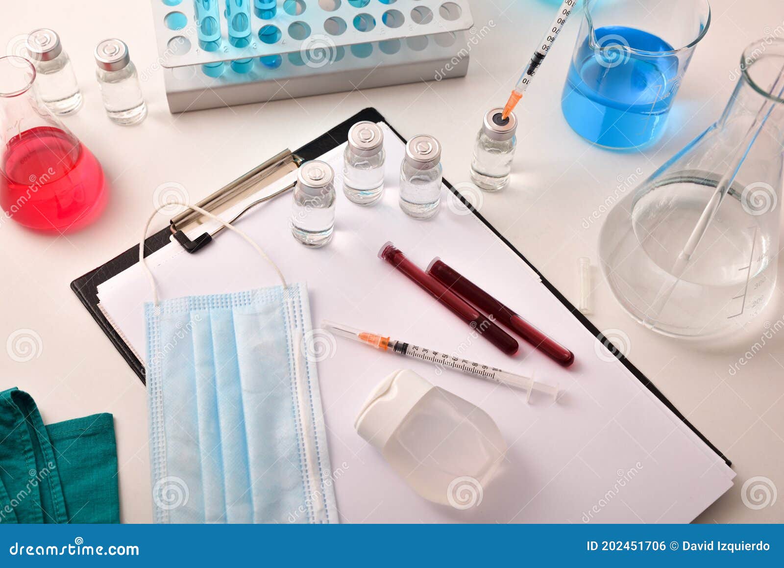 Vials with Syringe on Laboratory Bench Chemical Glassware Stock Photo ...