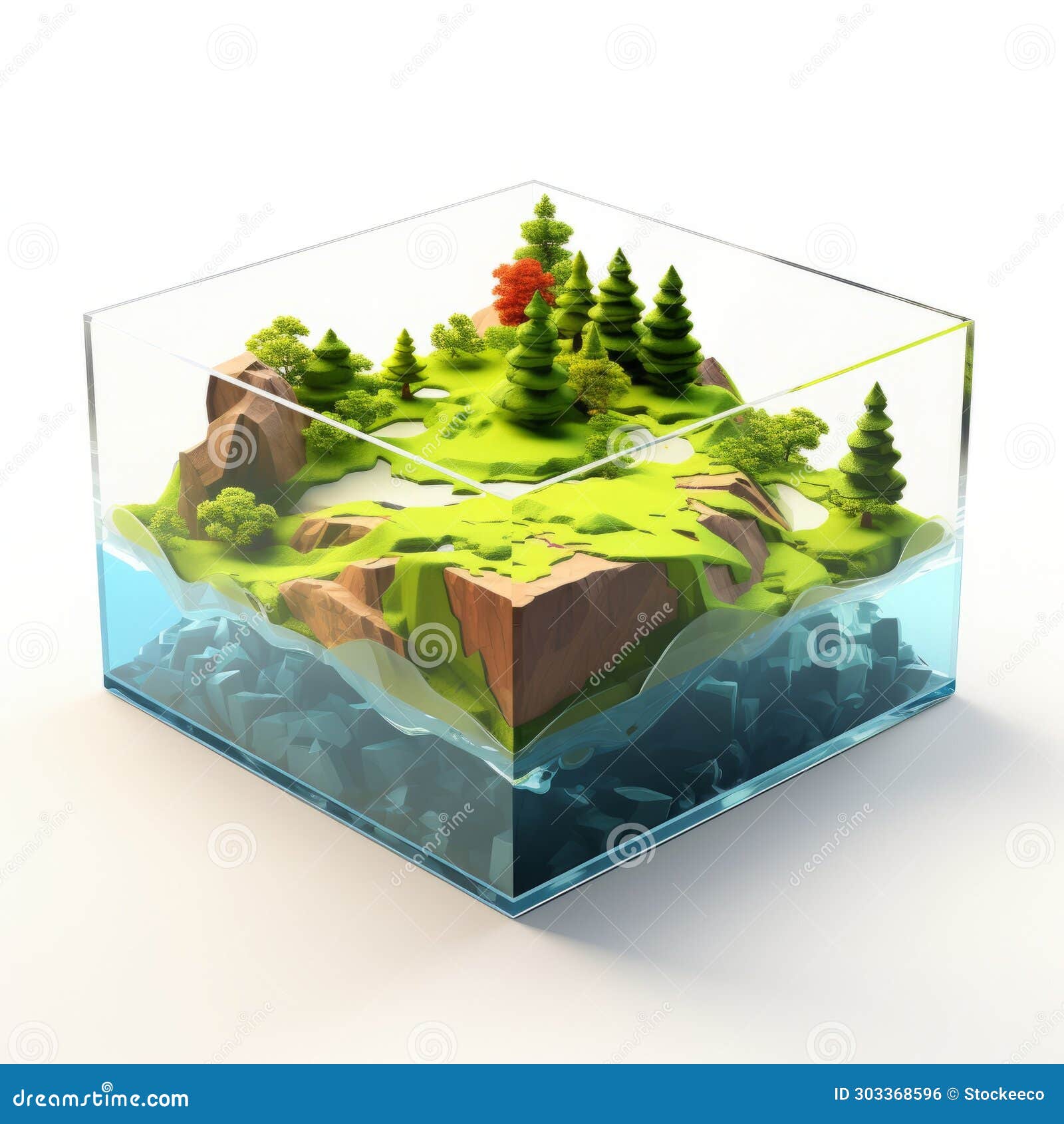 Vibrant 3d Model of Imaginary Island in Transparent Box Stock ...