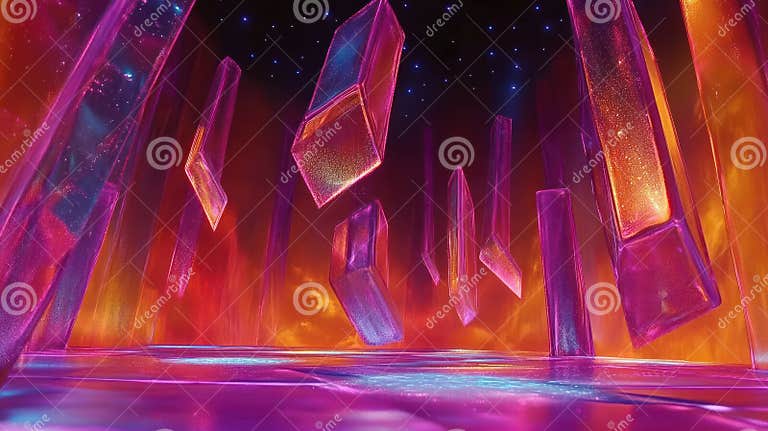 A Vibrant, Abstract Environment with Floating Crystals and a Colorful ...