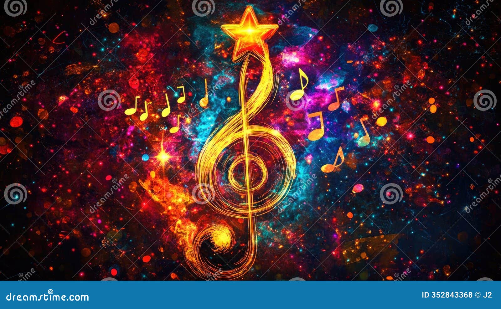 Vibrant Abstract Galaxy with Musical Notes and Golden Treble Clef Stock ...