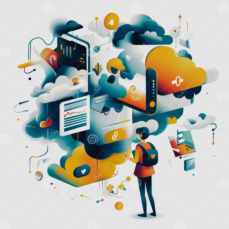 Vibrant Abstract Illustration of a Developer Interacting with Digital Cloud Elements, Featuring ...