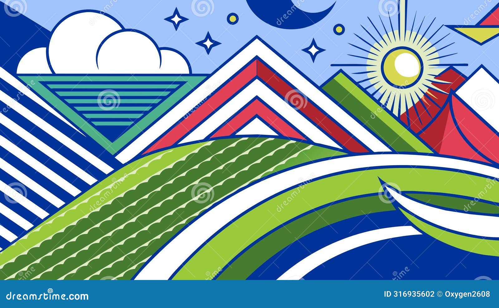 Vibrant Abstract Landscape with Geometric Elements and Celestial Bodies ...