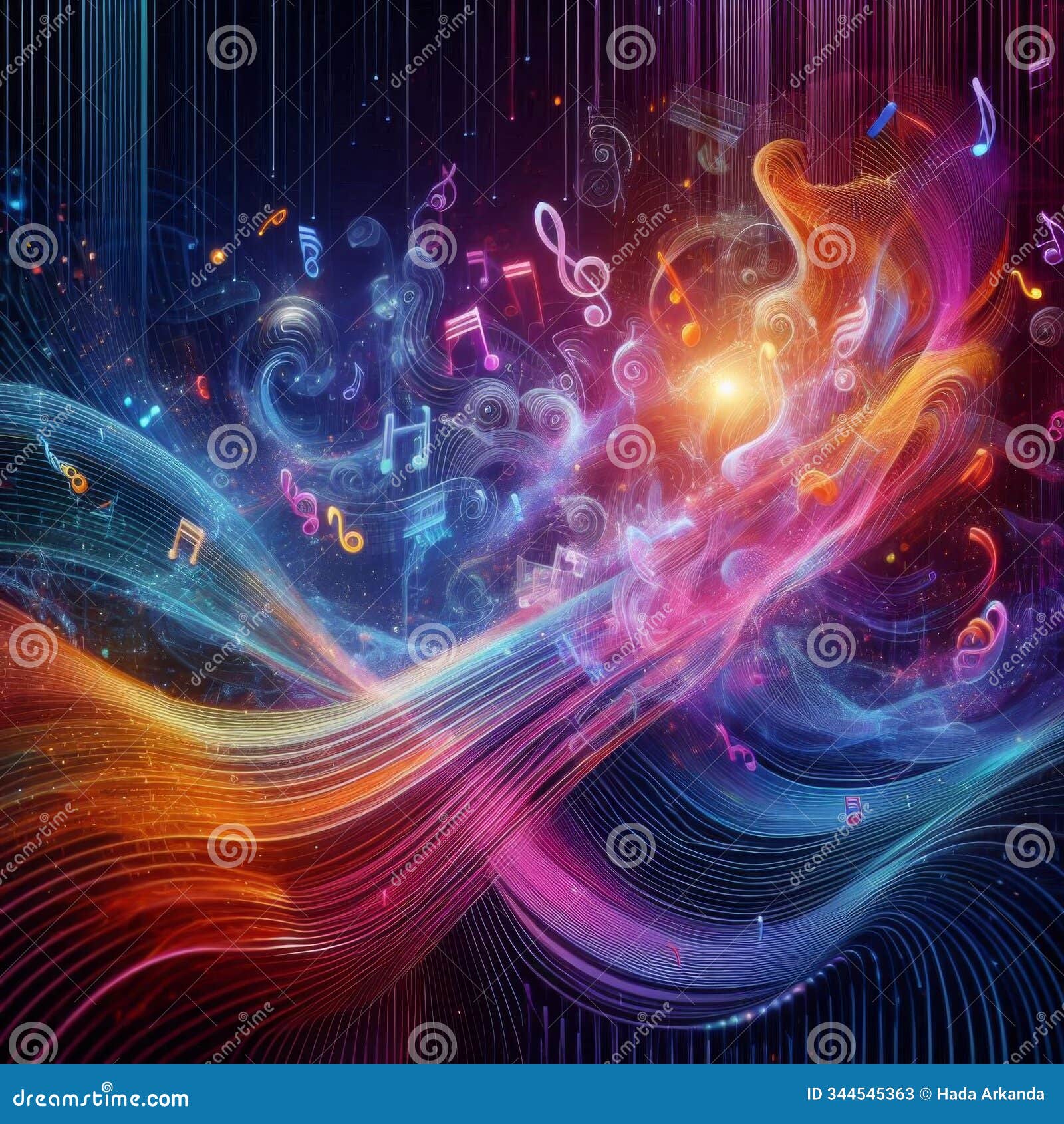 Vibrant Abstract Music Background with Flowing Wavy Lines and Notes ...