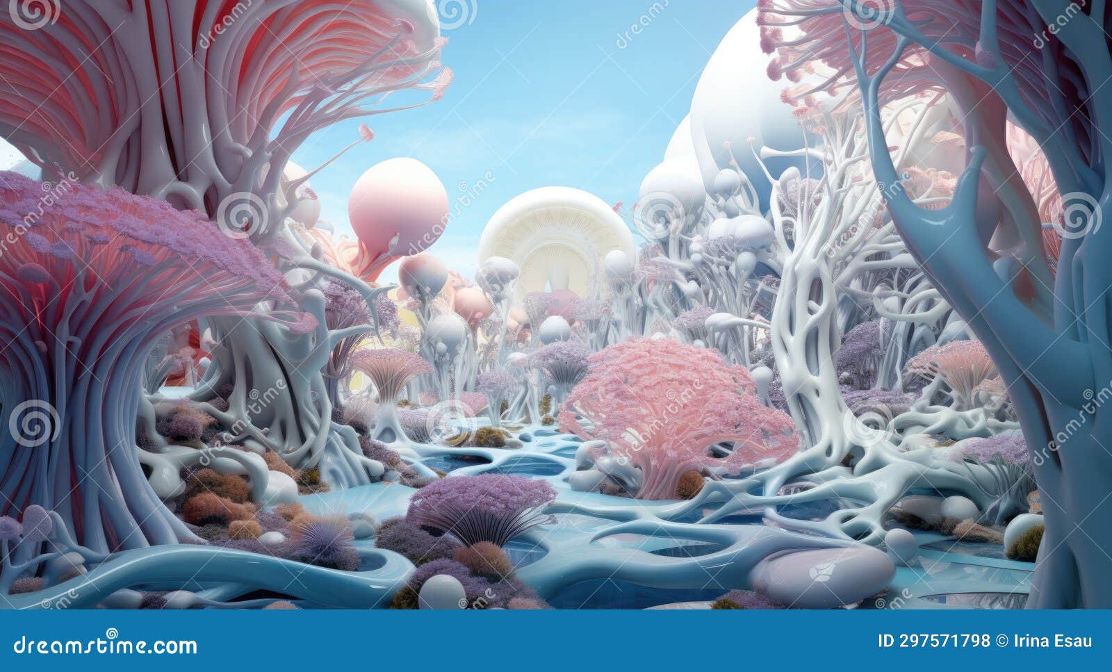 A Vibrant Alien Ecosystem with Pink and Blue Flora, Featuring Large ...