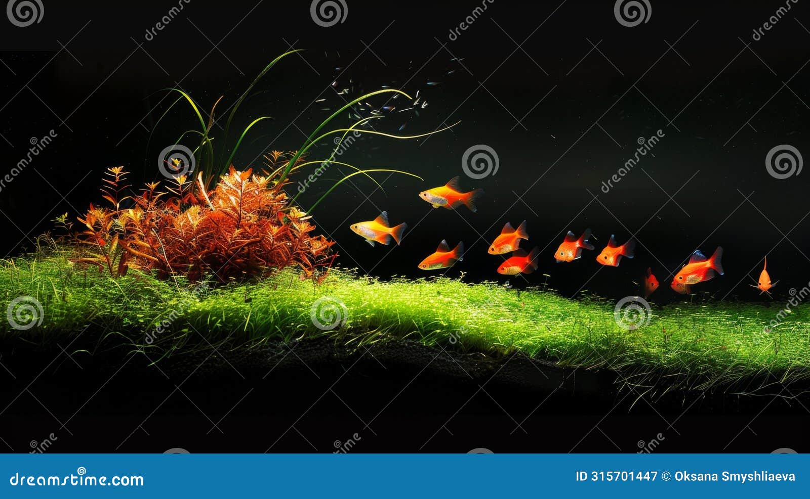 Vibrant Aquarium Ecosystem with Tropical Fish and Lush Greenery Stock ...