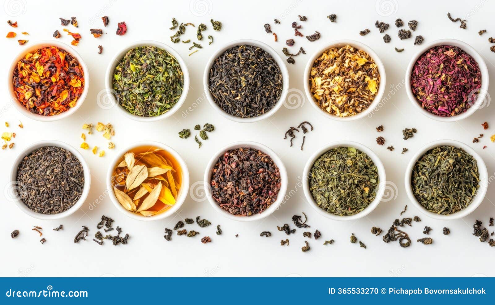 Assorted Loose Leaf Teas In Rustic Bowls With Fresh Green Leaf Royalty ...