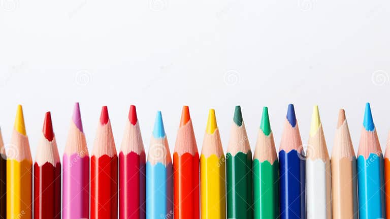 A Vibrant Array of Colored Pencils Stands Aligned with Tips Pointing ...