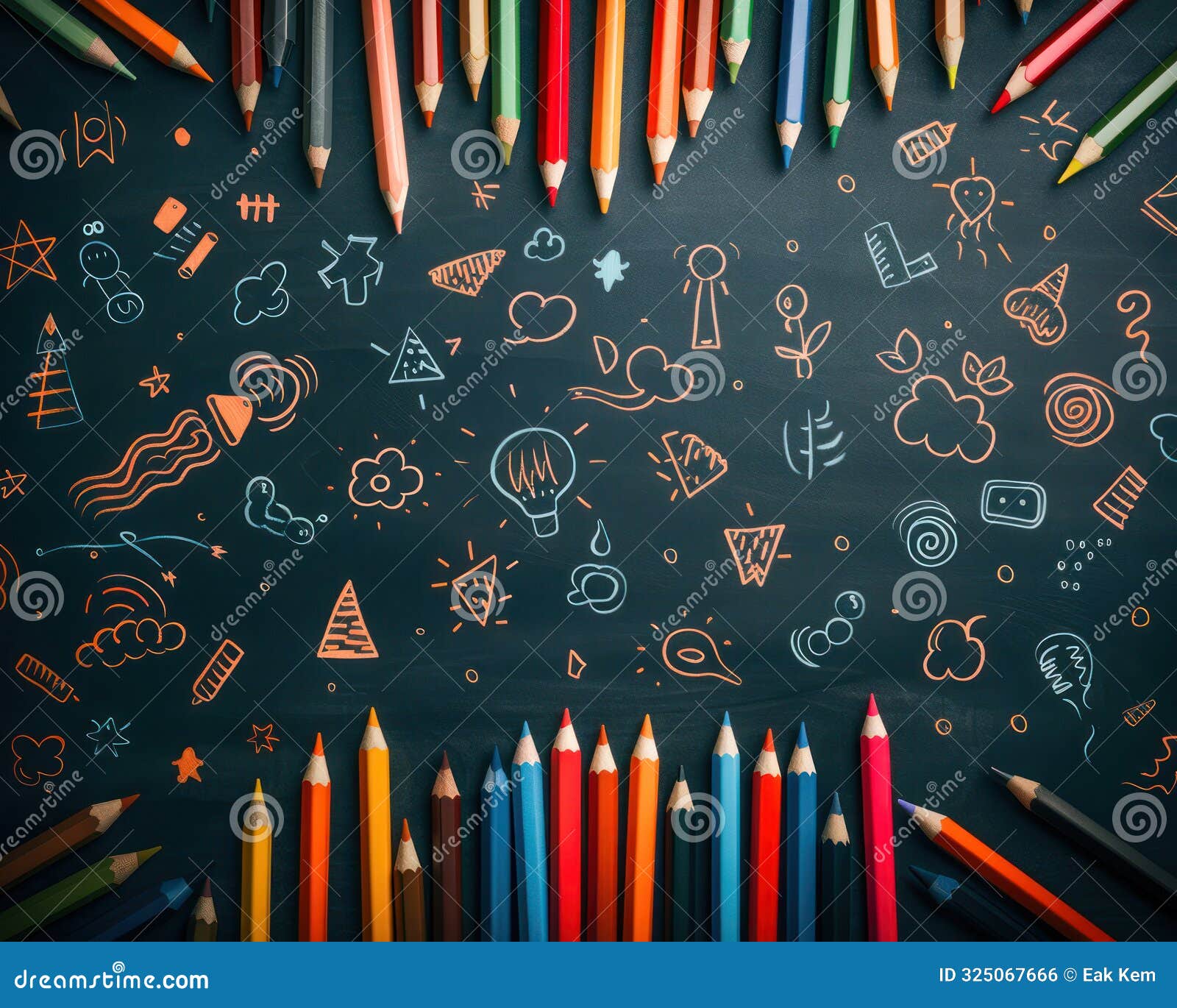 Colorful Pencils Framing Bright Concept Drawings on Black Background ...