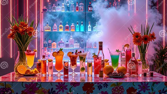 Vibrant Array of Colorful Cocktails in Illuminated Bar with Floral ...