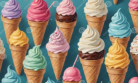Vibrant Array Colorful Ice Cream Cones, Each with Unique Swirl Pattern ...