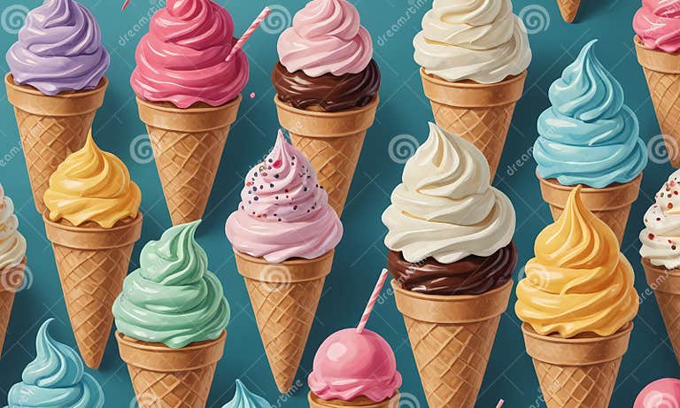 Vibrant Array Colorful Ice Cream Cones, Each with Unique Swirl Pattern ...